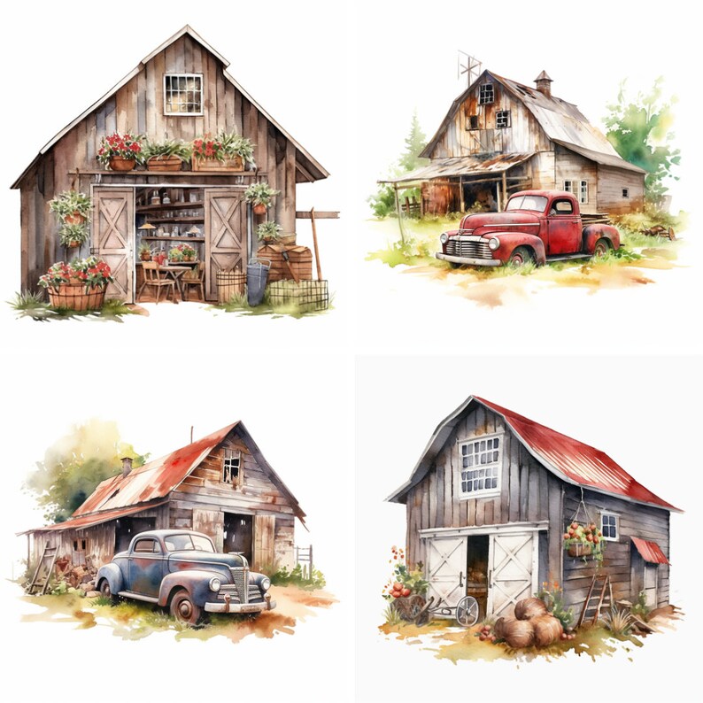 20 PNG Watercolor Rustic Farm Barns Clipart Scrapbooking - Etsy