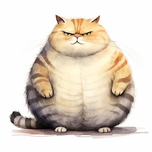Watercolor Fat Cat Clipart, High Quality JPG, Cubby Cat Wall Art, Funny ...