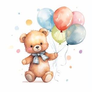 Teddy Bear With Balloons Clipart, High Quality PNG, Nursery Decor, Cute ...