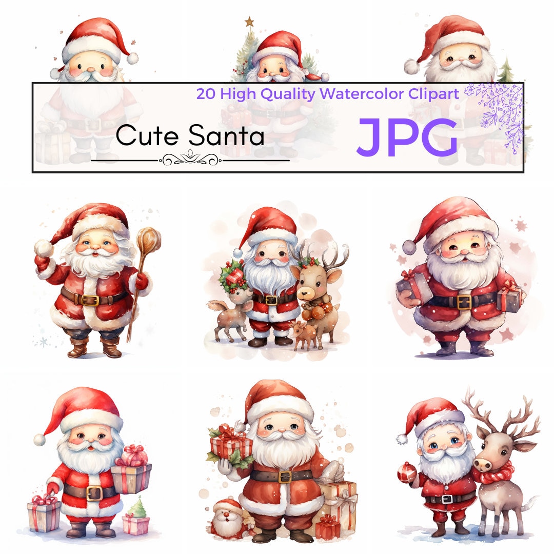 Watercolor Cute Santa Claus Clipart, High Quality JPG, Christmas ...