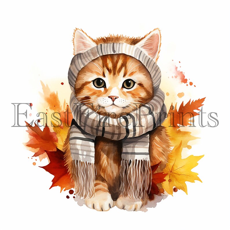 Watercolor Autumn Cat With Scarf Clipart High Quality Png - Etsy