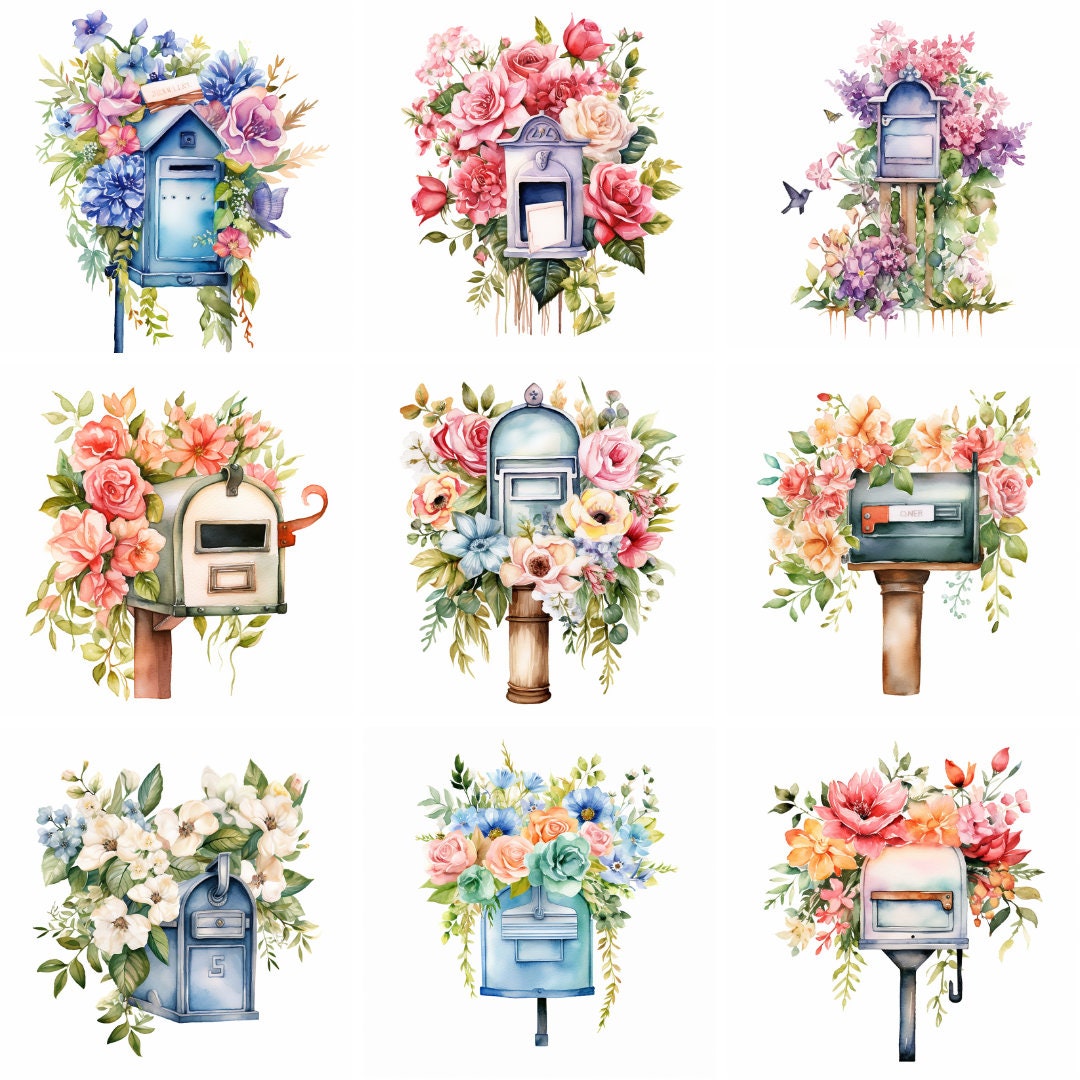 Watercolor Floral Mailboxes Clipart PNG, Cute Rustic Post Boxes Mailbox ...