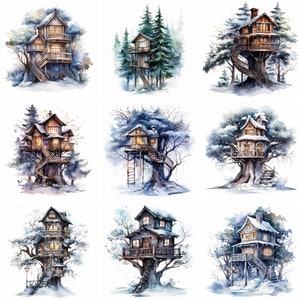 Watercolor Winter Tree House Clipart, High Quality Png, Christmas Clip ...