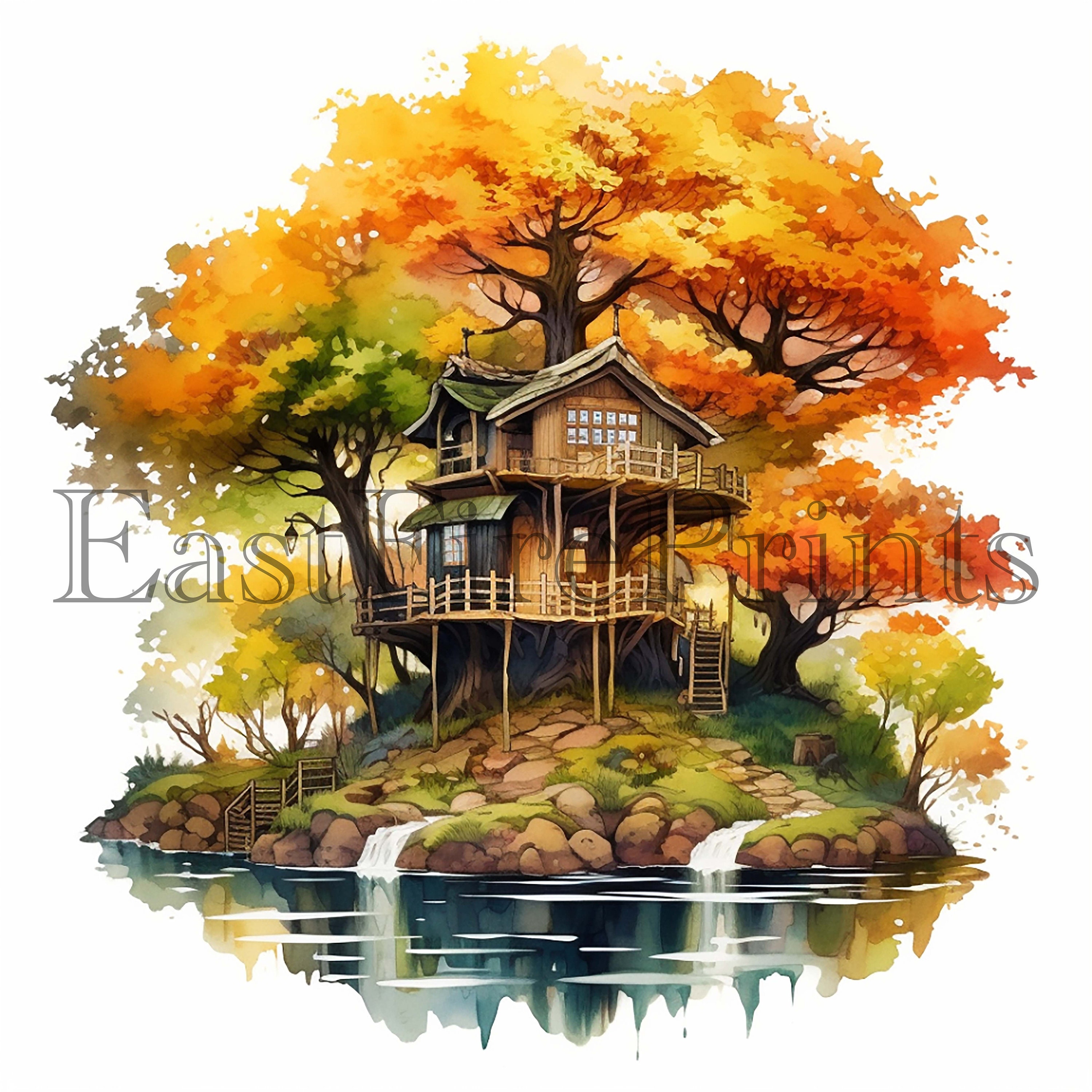 Watercolor Fall Tree House Clipart Forest Clipart Autumn - Etsy