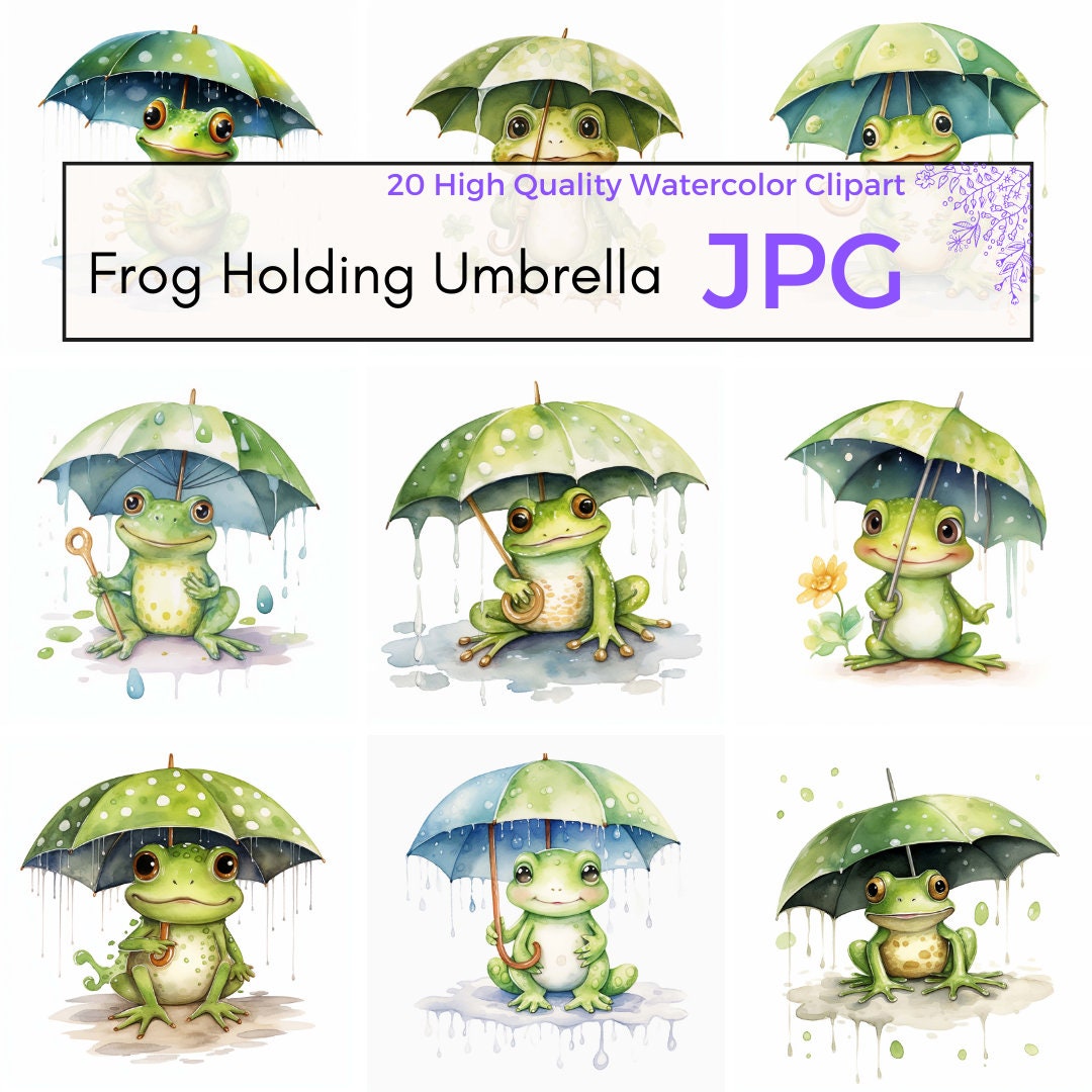 Watercolor Frog Holding Umbrella Clipart, High Quality JPG, Frog ...