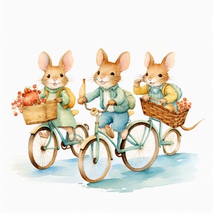 Watercolor Mice on Bicycle Clipart, High Quality JPG, Nursery Wall Art ...