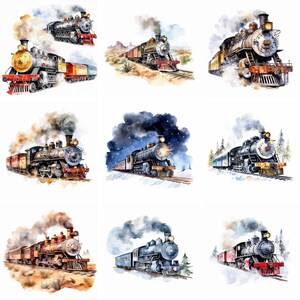 Set of 20 Watercolor Steam Train Clipart, Vintage Railroad Illustration ...