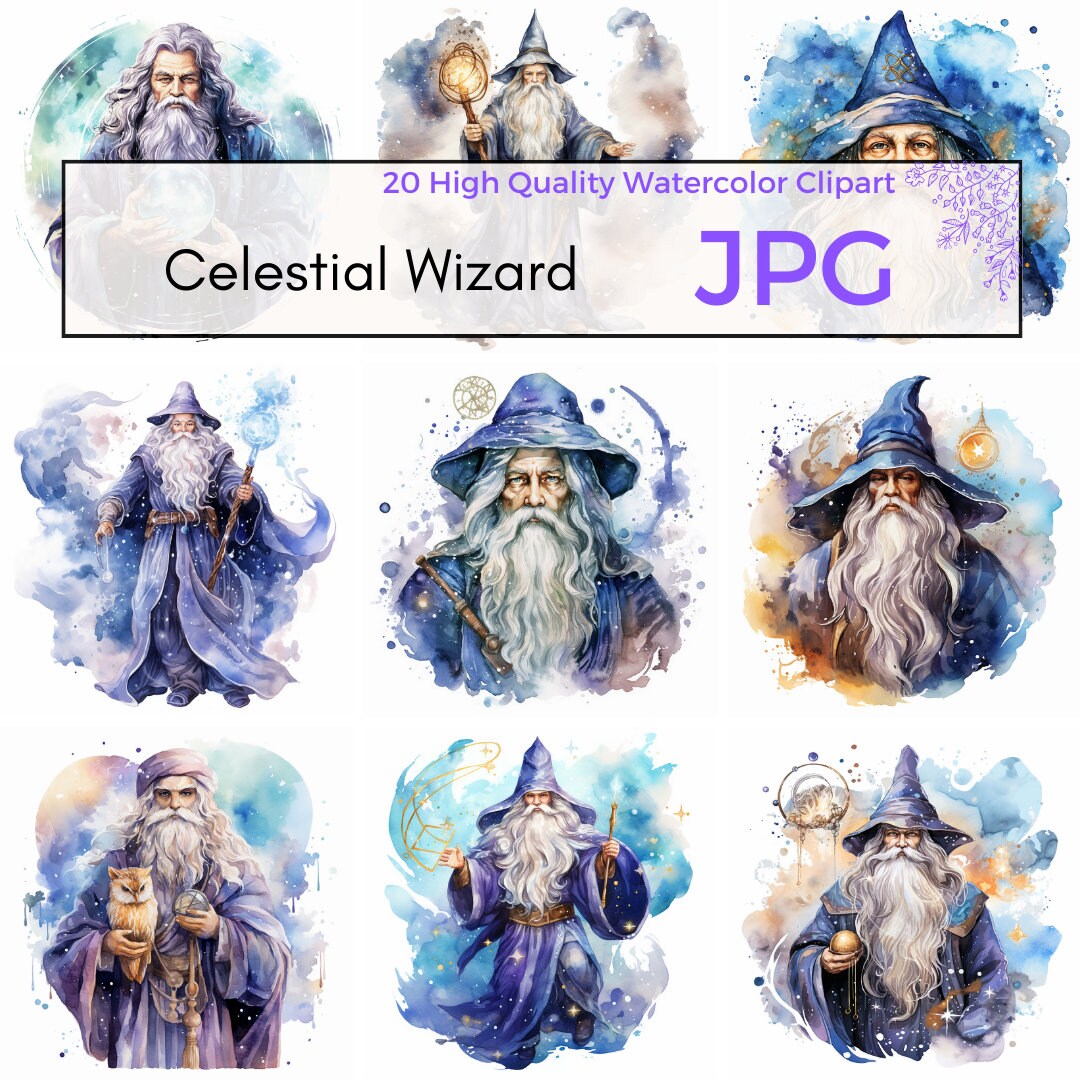 Watercolor Celestial Wizard Clipart, High Quality JPG, Fantasy Wall Art ...