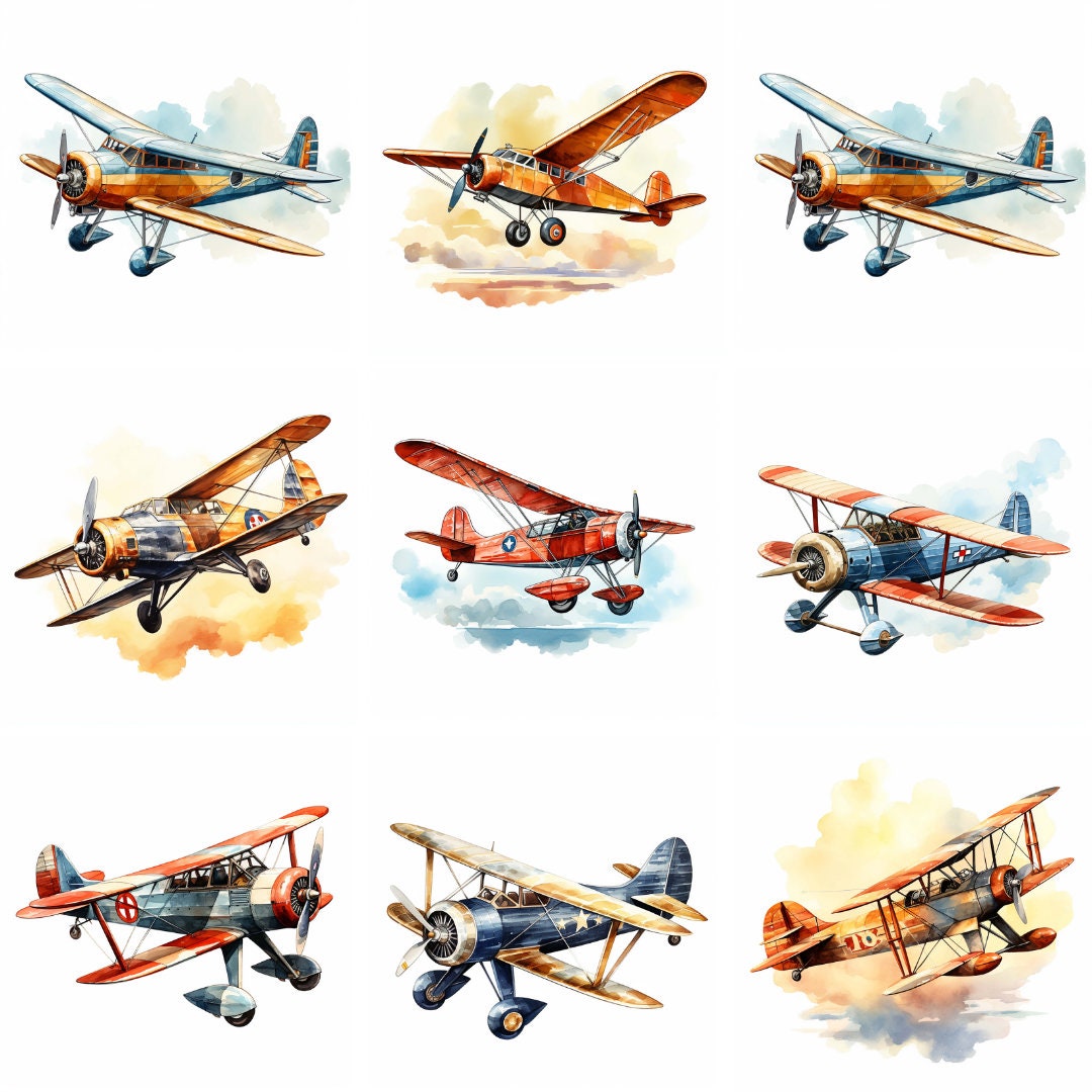 Watercolor Vintage Airplane Clipart JPG Aircraft Art Vintage - Etsy