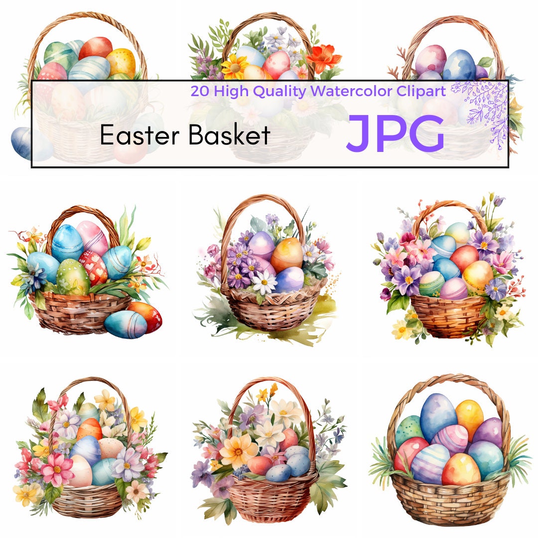 Watercolor Easter Basket Clipart, High Quality JPG, Spring Clipart ...