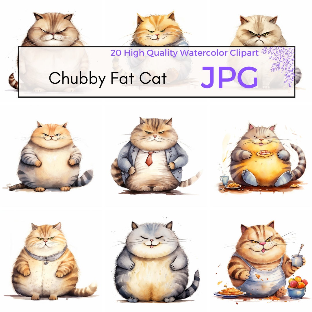 Watercolor Fat Cat Clipart, High Quality JPG, Cubby Cat Wall Art, Funny ...