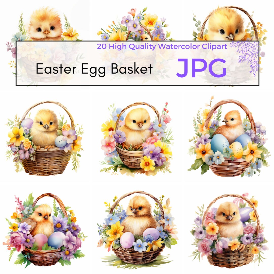 Watercolor Easter Egg Basket Clipart, High Quality JPG, Easter Clipart ...