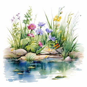 Watercolor Pond With Wildflowers Clipart, High Quality JPG, Spring ...