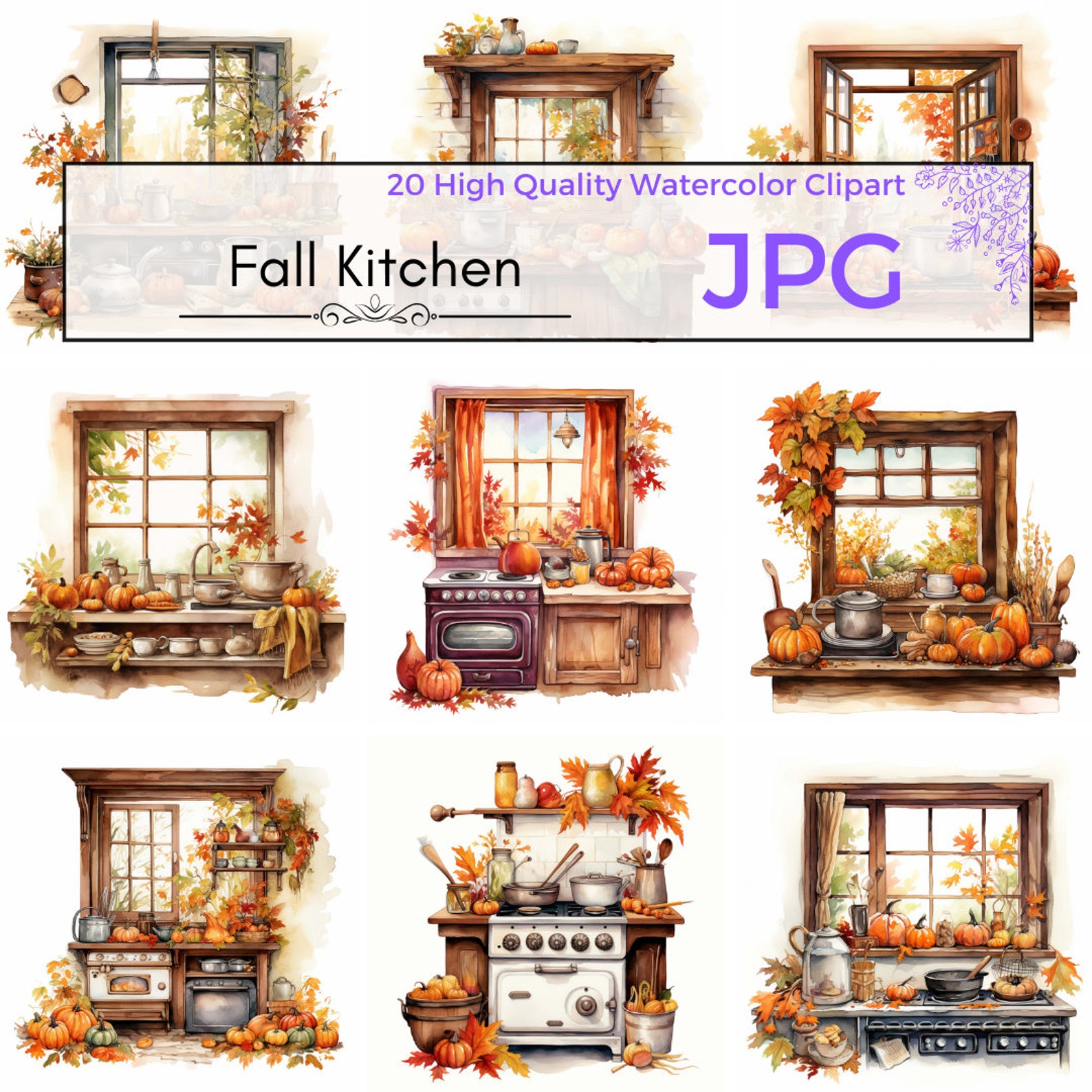 Watercolor Fall Kitchen Clipart Autumn Printables Fall - Etsy