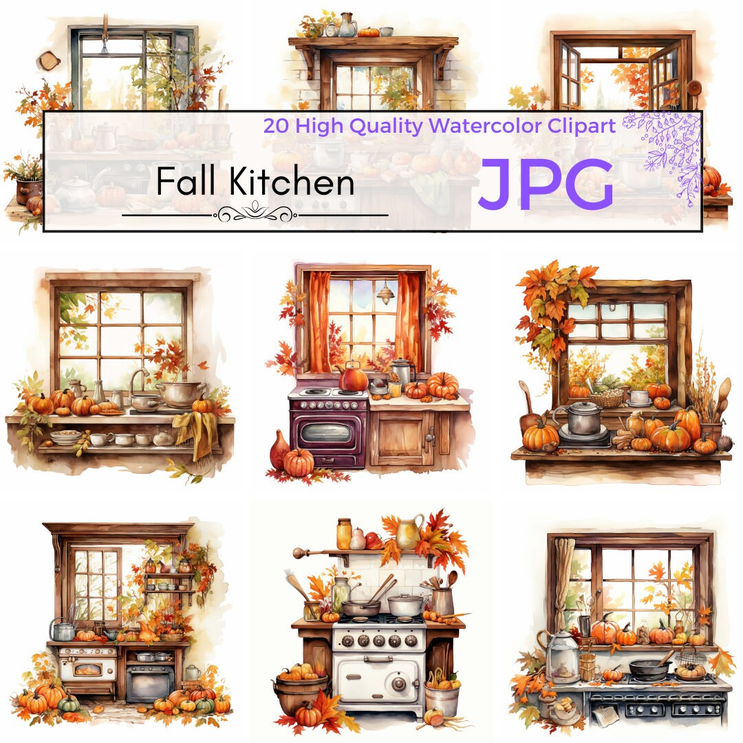 Watercolor Fall Kitchen Clipart Autumn Printables Fall - Etsy