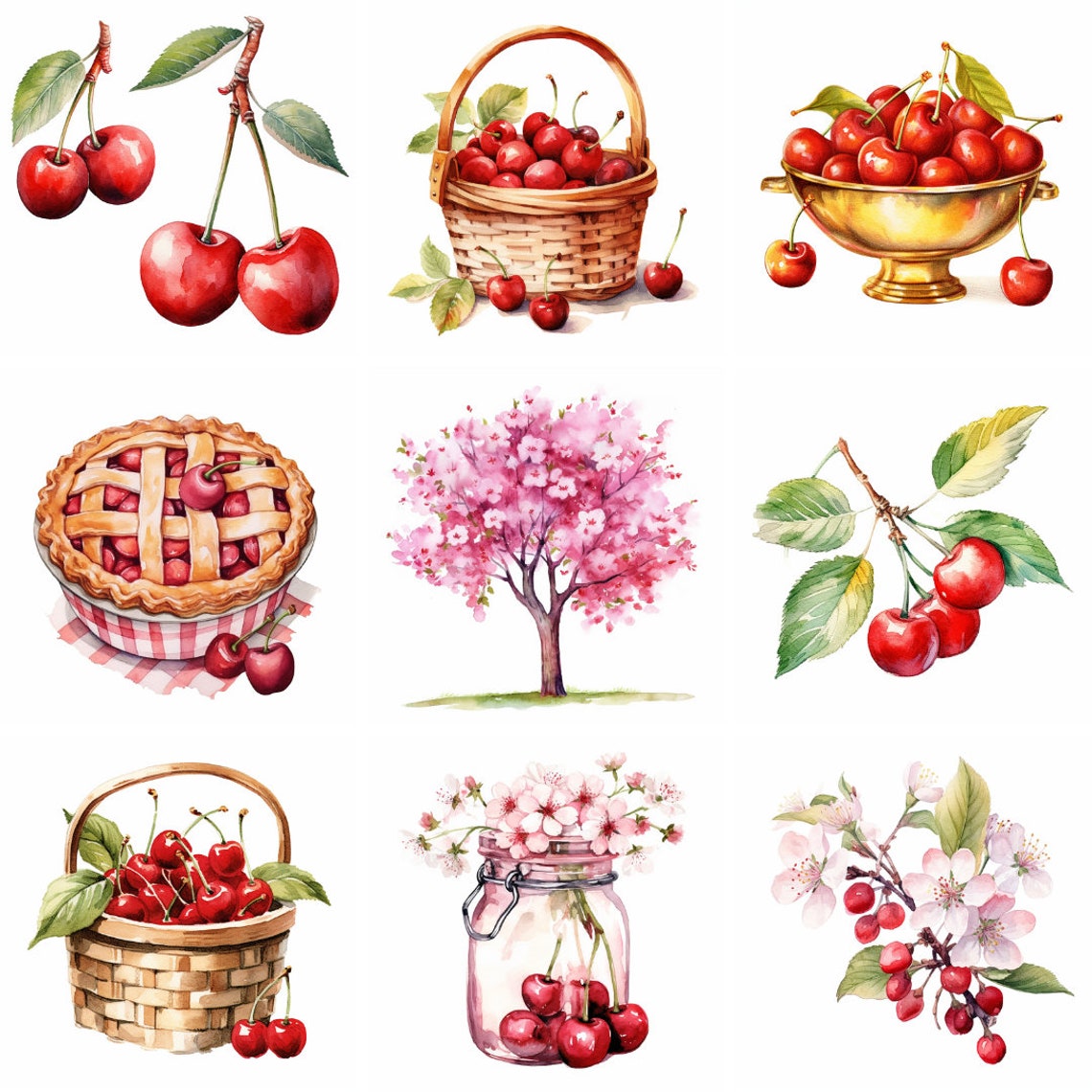 20 Watercolor Cherry Clipart Red Cherries Clipart Digital - Etsy