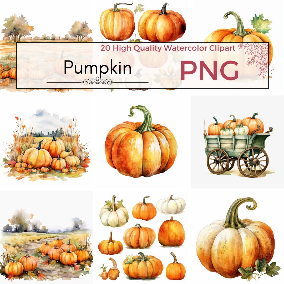 20 PNG Watercolor Pumpkin Clipart Instant Download, Fall Clipart ...