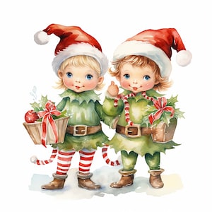 Watercolor Vintage Christmas Elves Clipart, Retro Elf Christmas Art ...