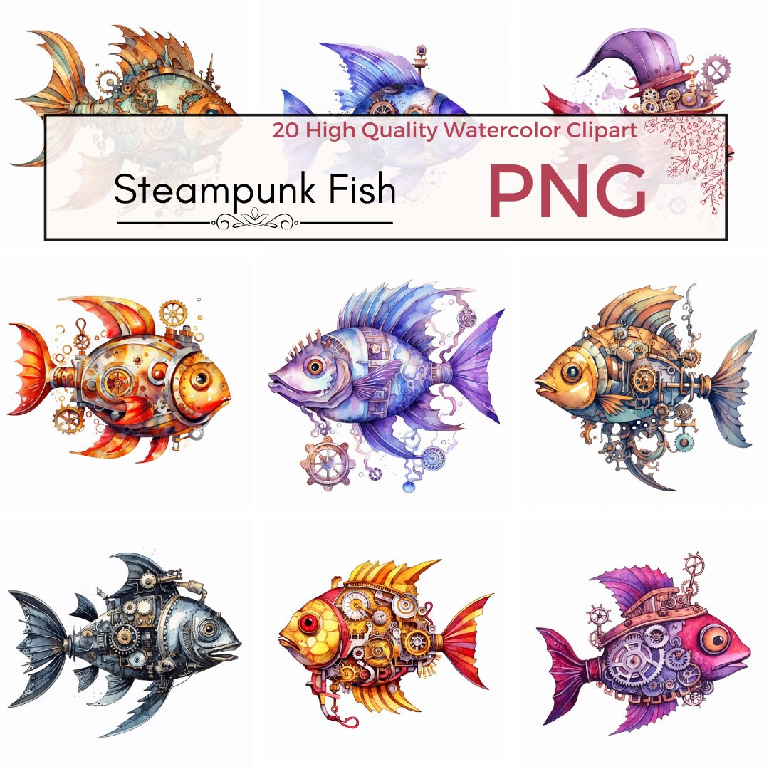 20 Watercolor Steampunk Fish Clipart Bundle Fish Print, Steampunk ...