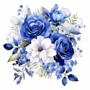 Watercolor Royal Blue and Silver Floral Clipart, Rustic, Wedding ...