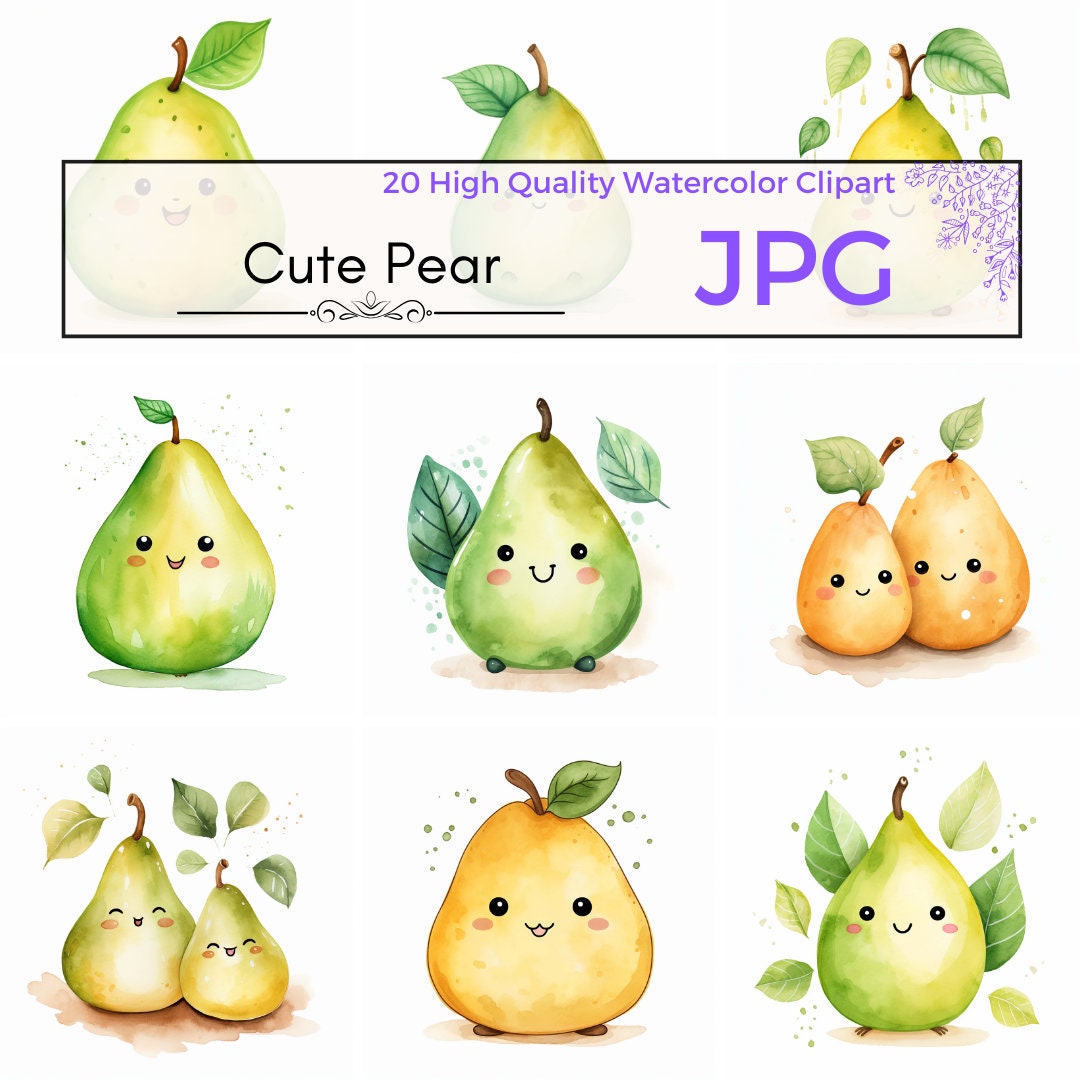 Watercolor Cute Pear Clipart, Cute Clipart Fruit Jpg Nursery Decor ...