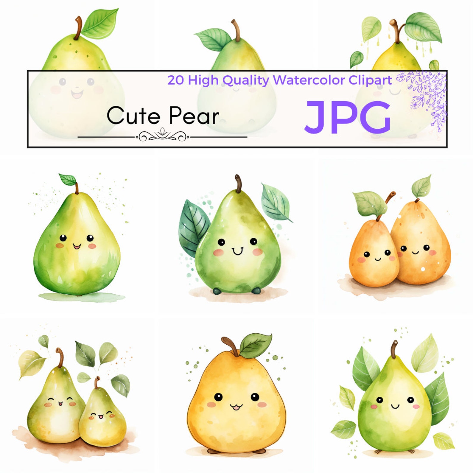 Watercolor Cute Pear Clipart Cute Clipart Fruit Jpg Nursery - Etsy