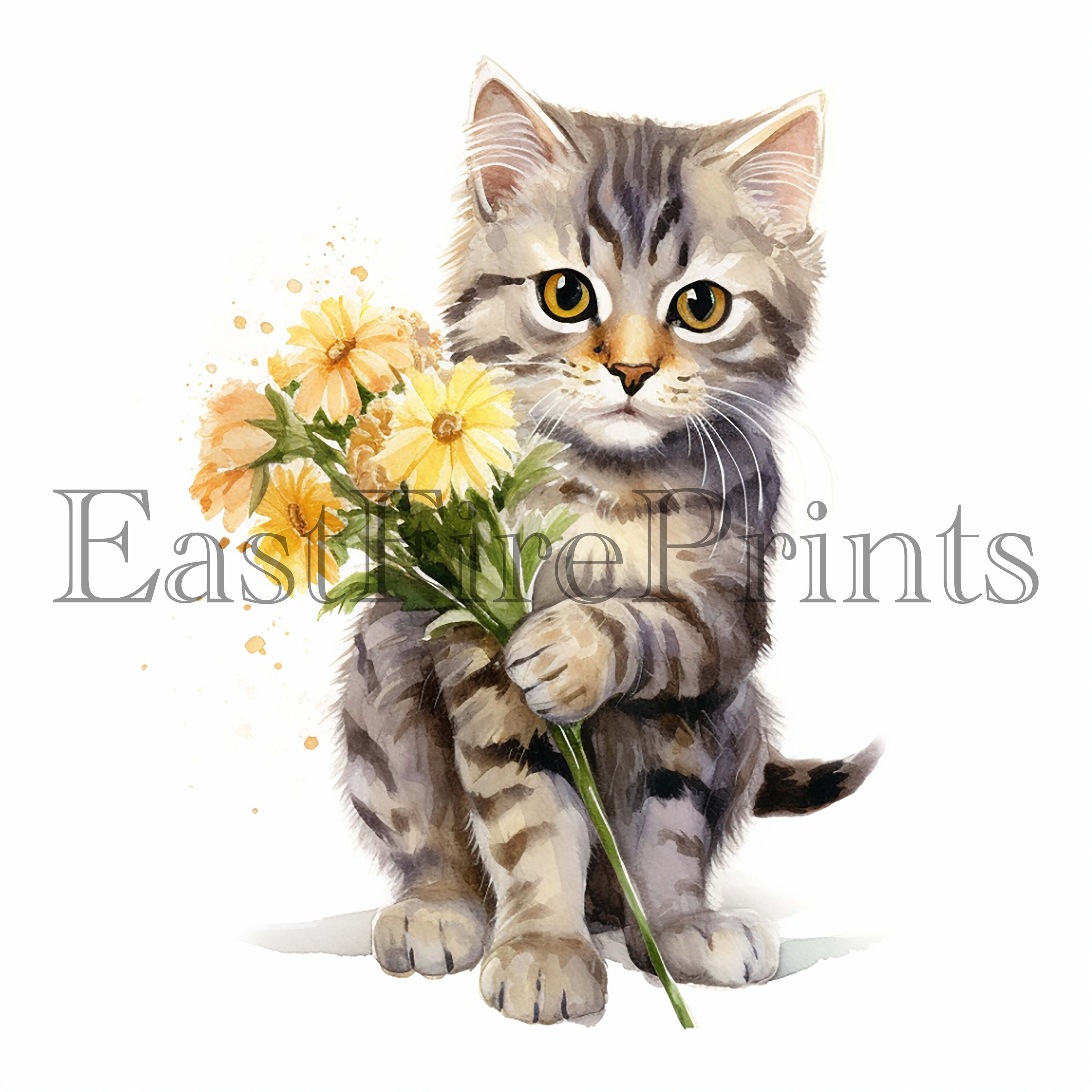 Watercolor Cat and Flower Clipart High Quality Png Cute - Etsy