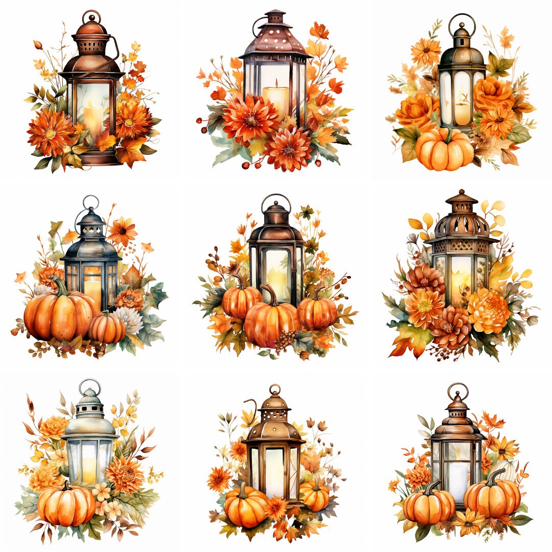 20 Fall Lantern Watercolor Clipart, High Quality Png, Halloween Autumn ...