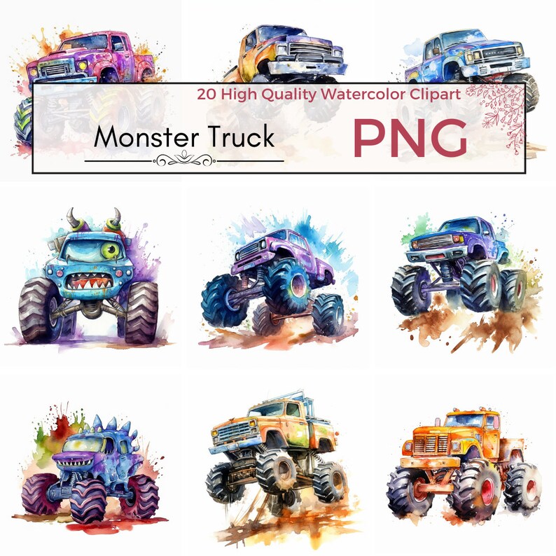 Set of 20 Watercolor Monster Truck Clipart Bundle Vehicle - Etsy