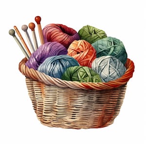 Watercolor Knitting Basket Clipart, Crochet Clipart Yarn and Cat ...