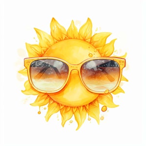 Watercolor Cool Sun Clipart, High Quality JPG, Sunglasses JPG, Summer ...