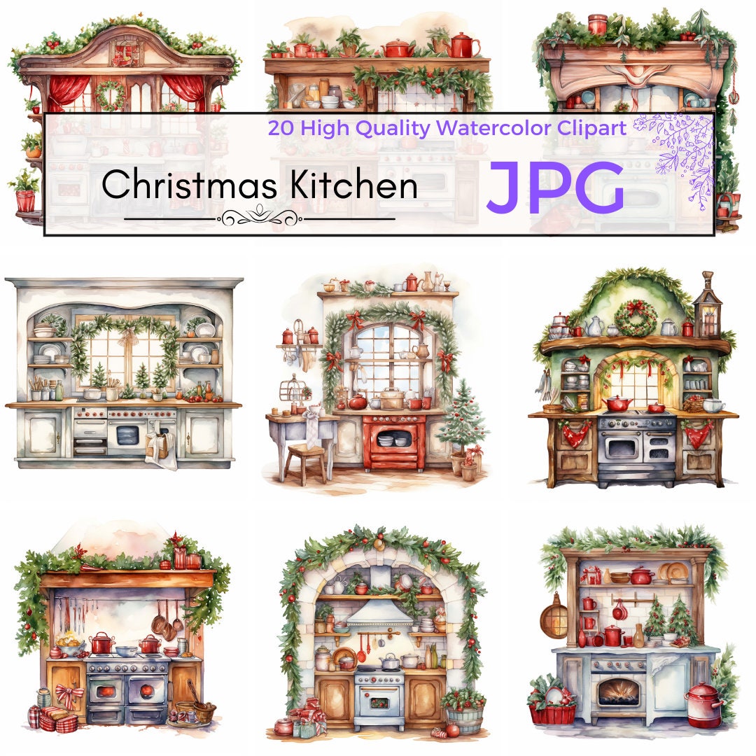 Watercolor Christmas Kitchen Clipart, Kitchen Jpg, Winter Clipart ...