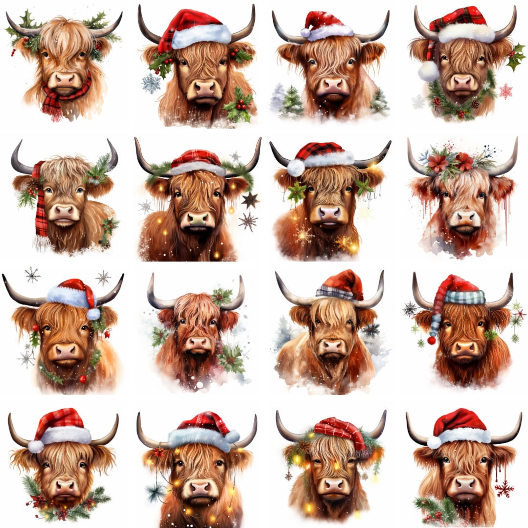Watercolor Christmas Highland Cow Clipart, Winter, Holiday, Xmas ...
