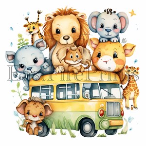 Watercolor Safari Animals on School Bus Clipart, High Quality Png ...