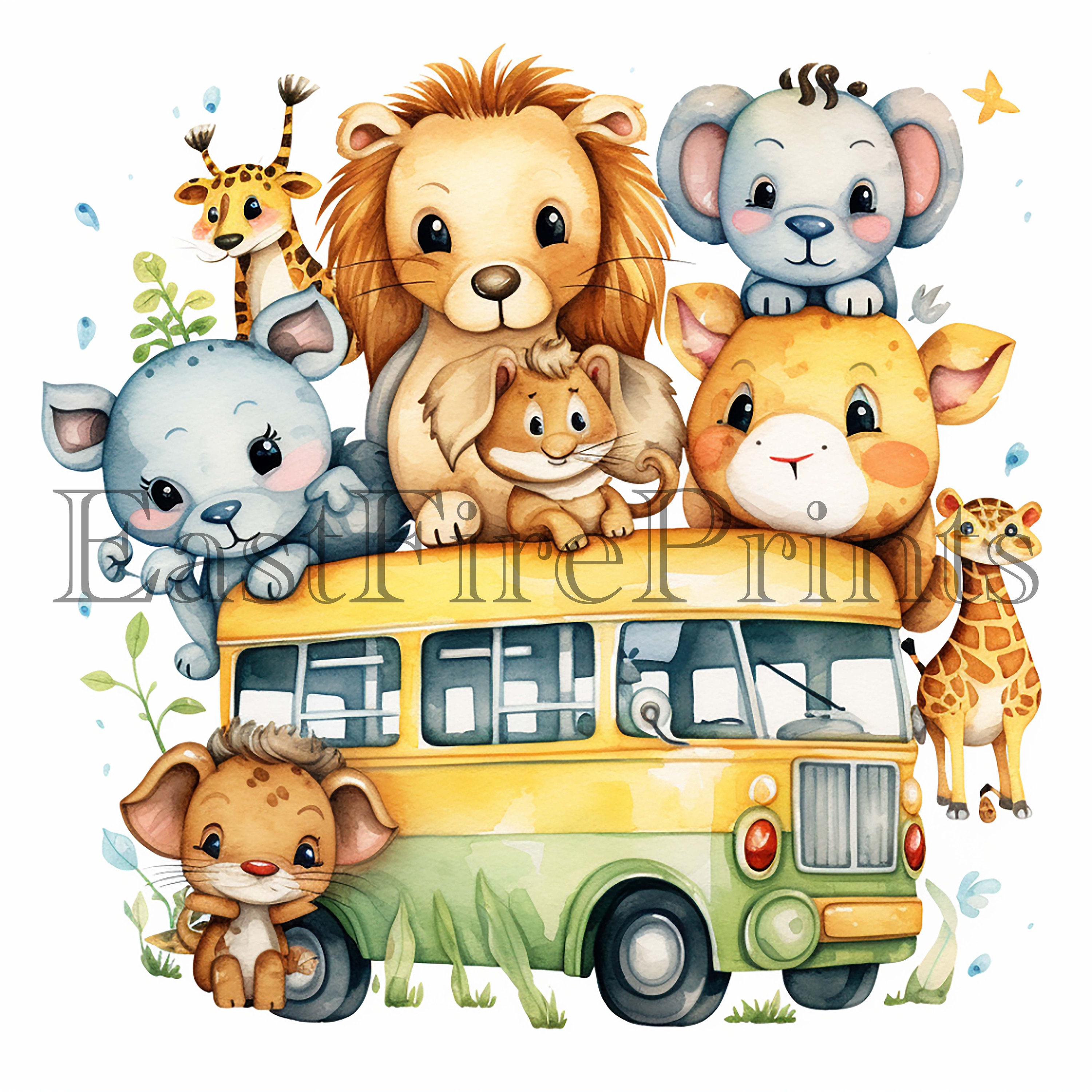 Watercolor Safari Animals on School Bus Clipart High Quality - Etsy