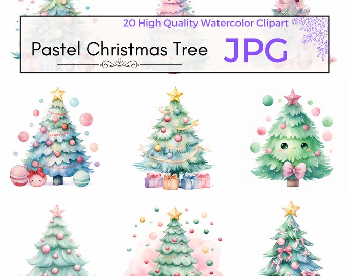 Watercolor Pastel Christmas Tree Clipart, Kawaii Xmas Tree Sublimation ...