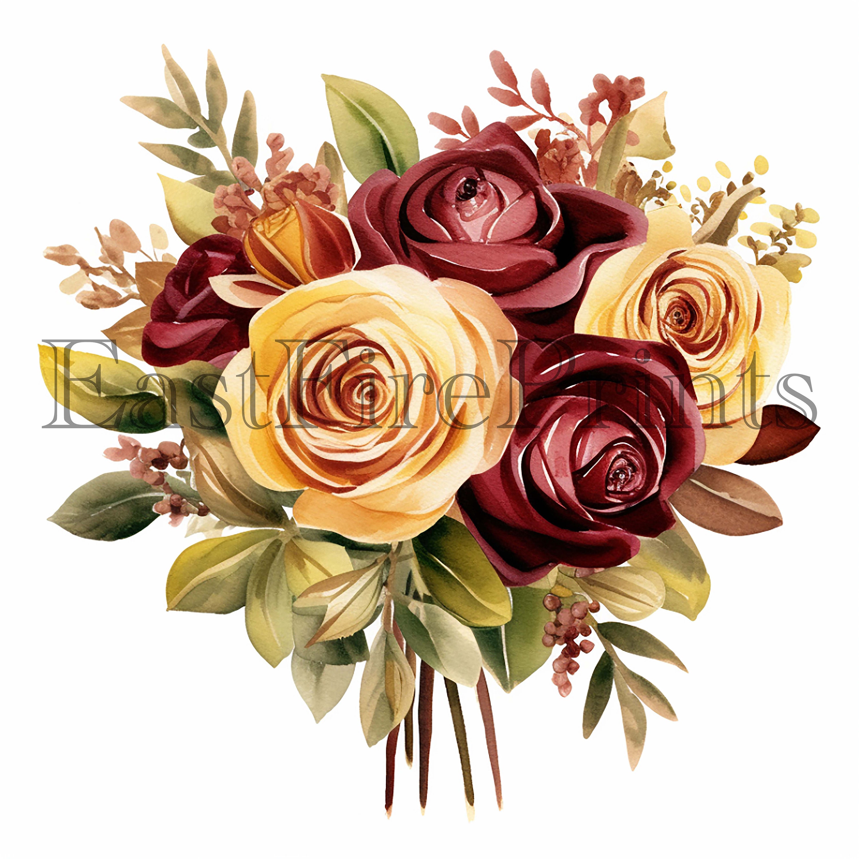 Maroon and Gold Rose Clipart Watercolor Clipart Floral - Etsy