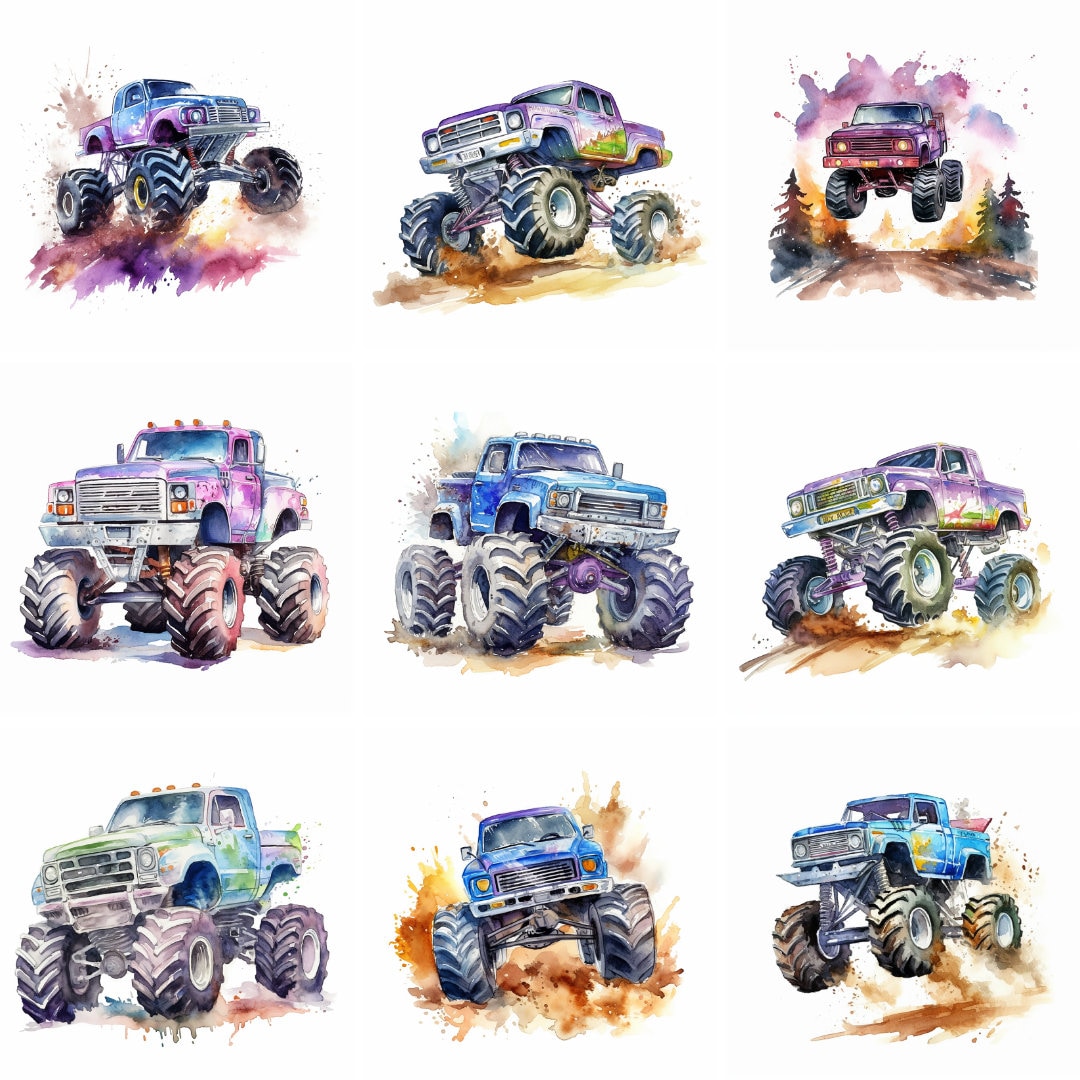 Set of 20 Watercolor Monster Truck Clipart Bundle Vehicle - Etsy