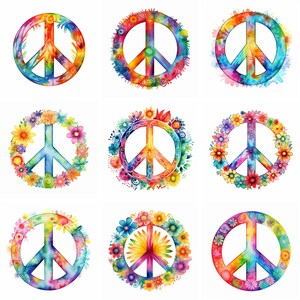 20 Retro Peace Sign Watercolor Clipart, High Quality Png, Groovy Png ...