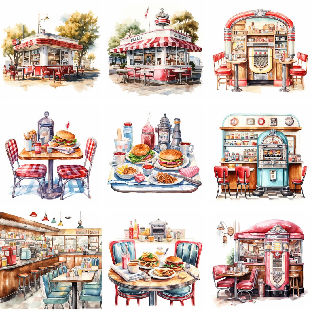 Watercolor Diner Scene Clipart, Retro Clipart, Vintage Diner Clipart ...