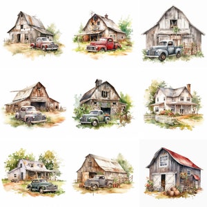 20 PNG Watercolor Rustic Farm Barns Clipart, Scrapbooking, Country ...