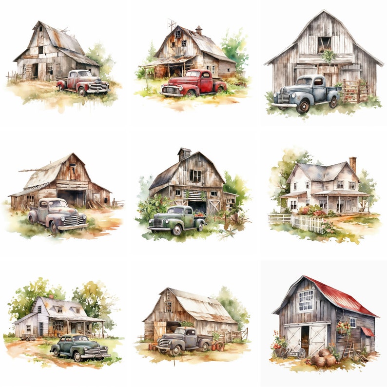 20 PNG Watercolor Rustic Farm Barns Clipart Scrapbooking - Etsy