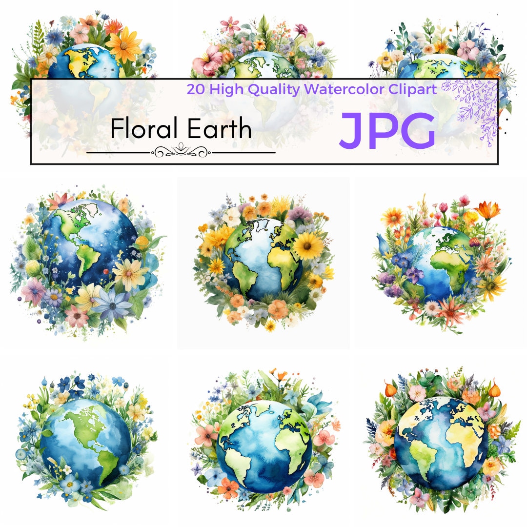 Watercolor Floral Earth Clipart Earth Clipart Globe Clipart - Etsy