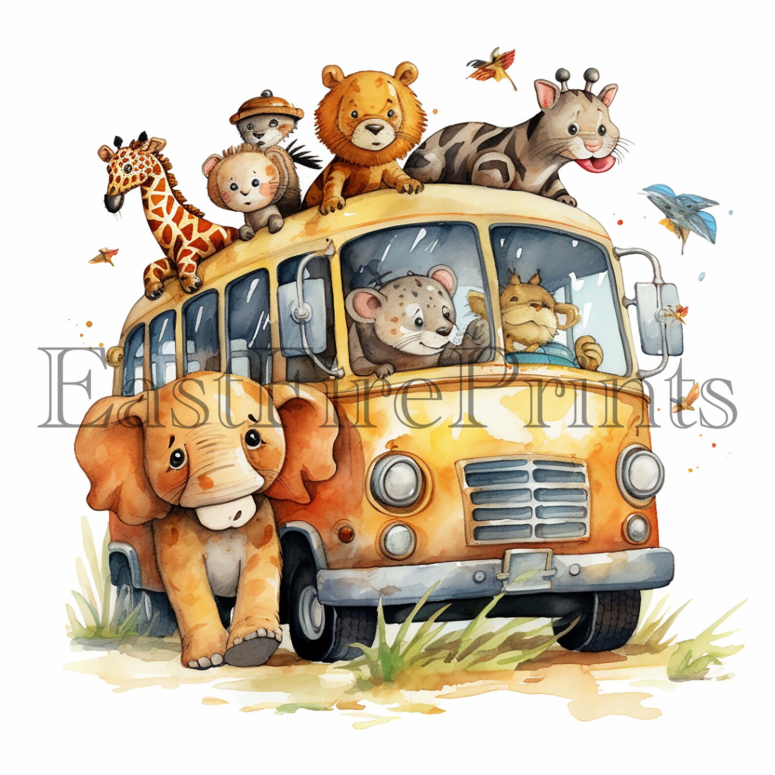 Watercolor Safari Animals on School Bus Clipart High Quality - Etsy