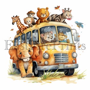 Watercolor Safari Animals on School Bus Clipart, High Quality Png ...