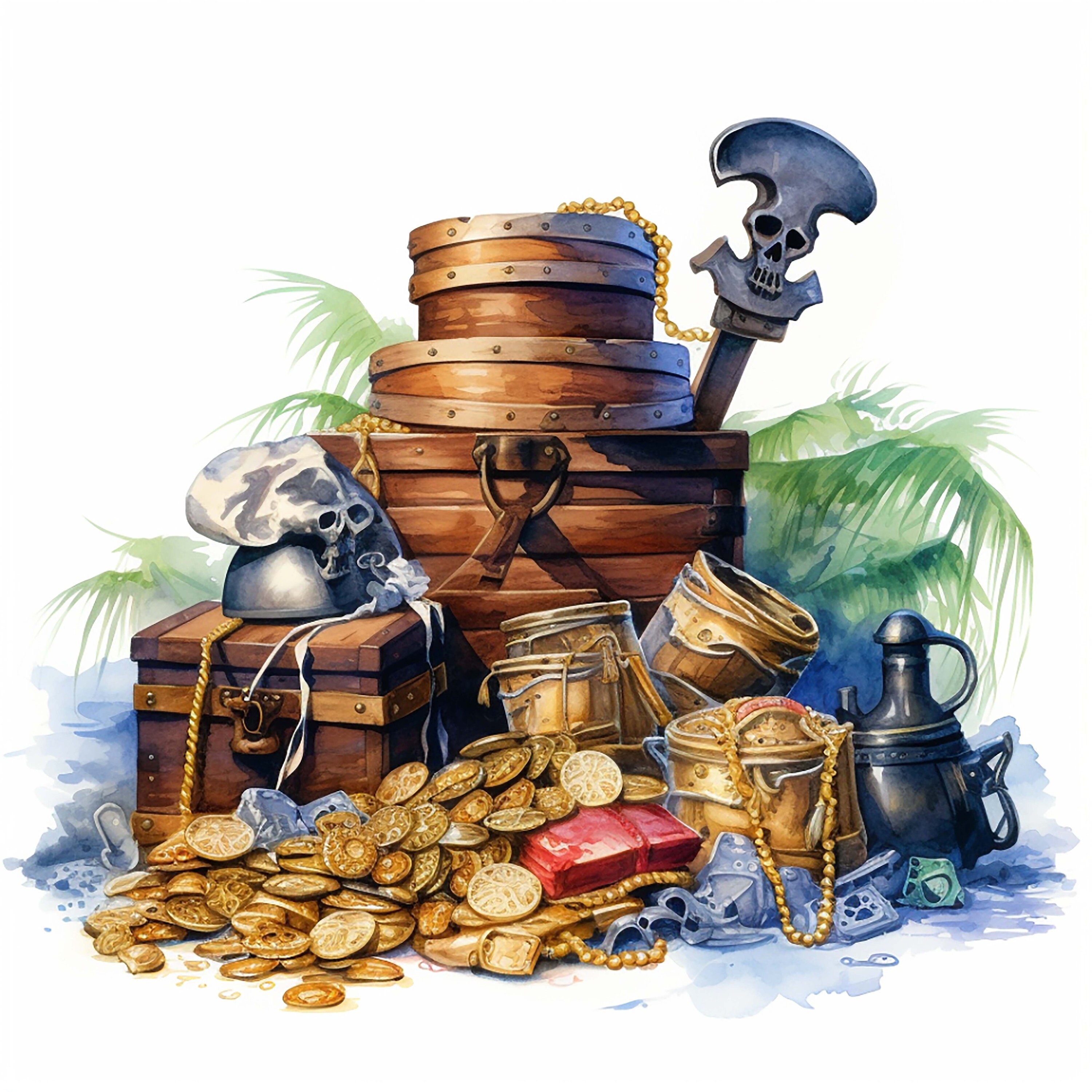 Watercolor Pirate Treasure Clipart Treasure Chest Gold Coins - Etsy