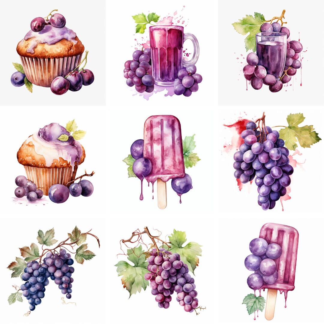 20 PNG Watercolor Grapes Clipart Fruit Clipart Summer - Etsy