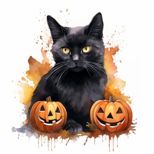 Watercolor Halloween Black Cat Clipart, Spooky Clipart Black Cat ...
