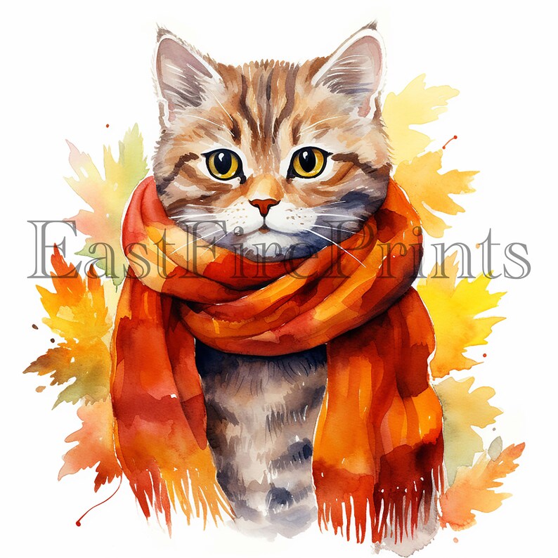 Watercolor Autumn Cat With Scarf Clipart High Quality Png - Etsy