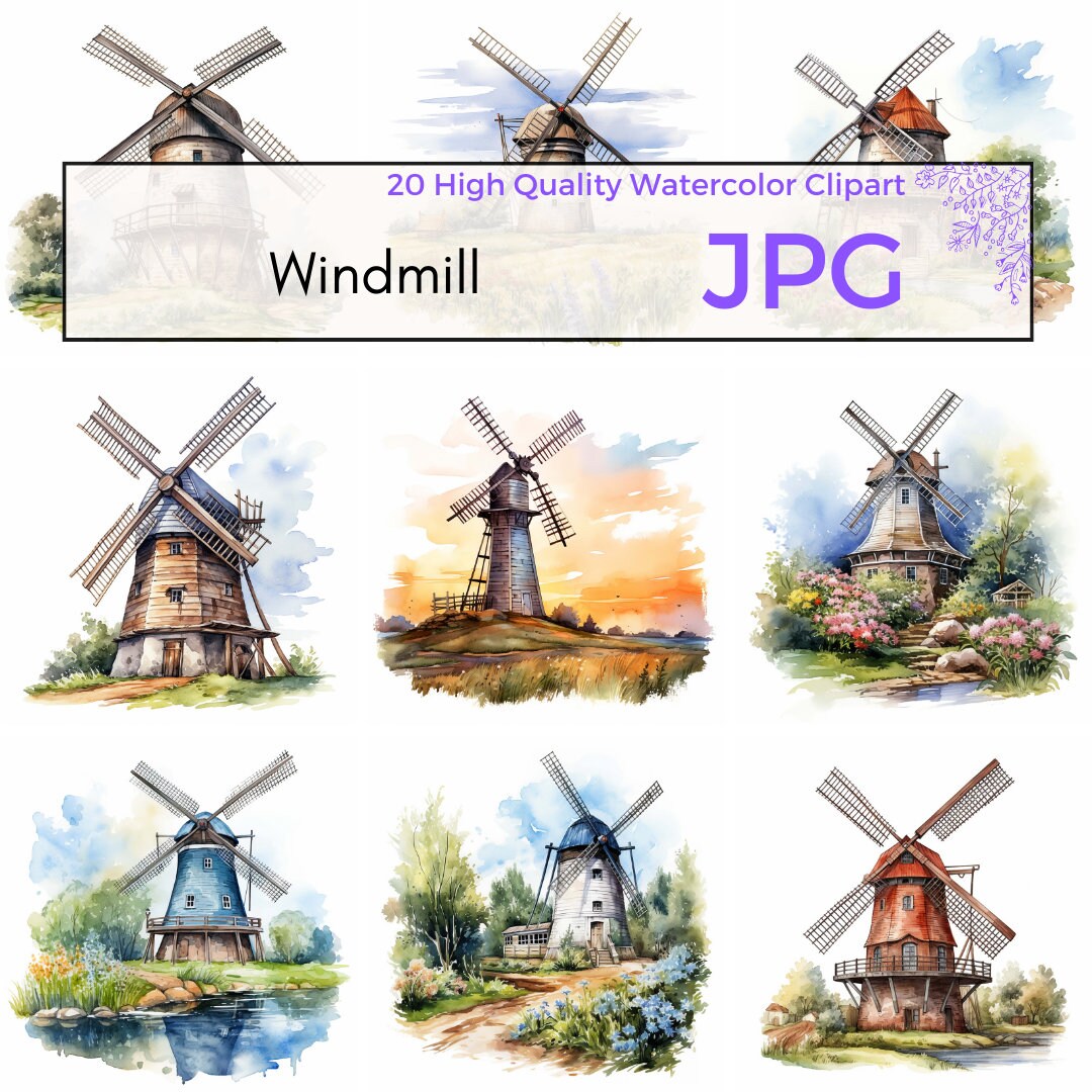 Watercolor Windmill Clipart, High Quality JPG, Farm Clipart, Windmill ...